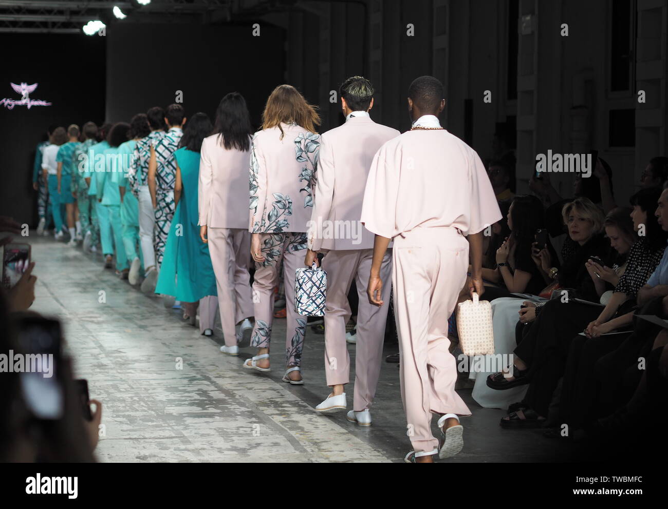 MILAN, ITALY - June 17: Models parade on catwalk for Miguel Vieira ...