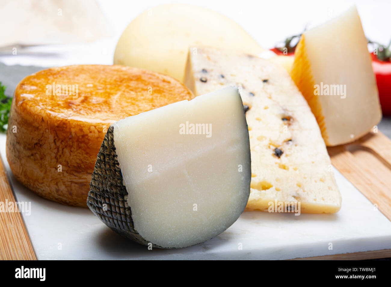 Cheese collection, Variety of Italian pecorino cheeses, aged with black ...