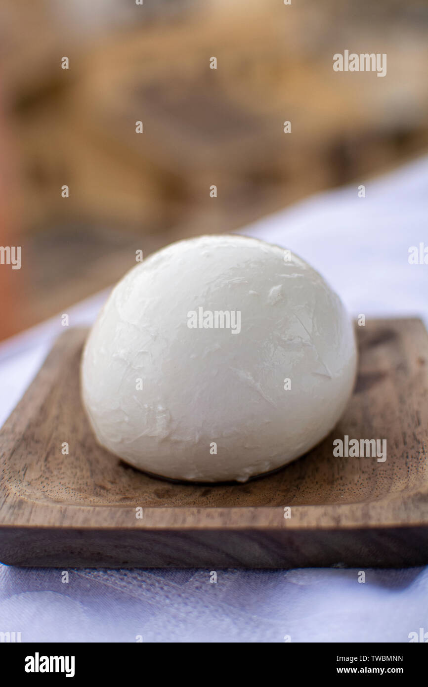 Cheese collection, Italian mozzarella soft cheese ball served on wooden ...