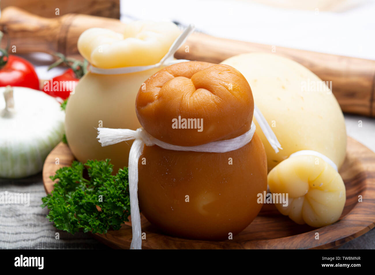Cheese collection, Italian provolone or provola caciocavallo hard and ...