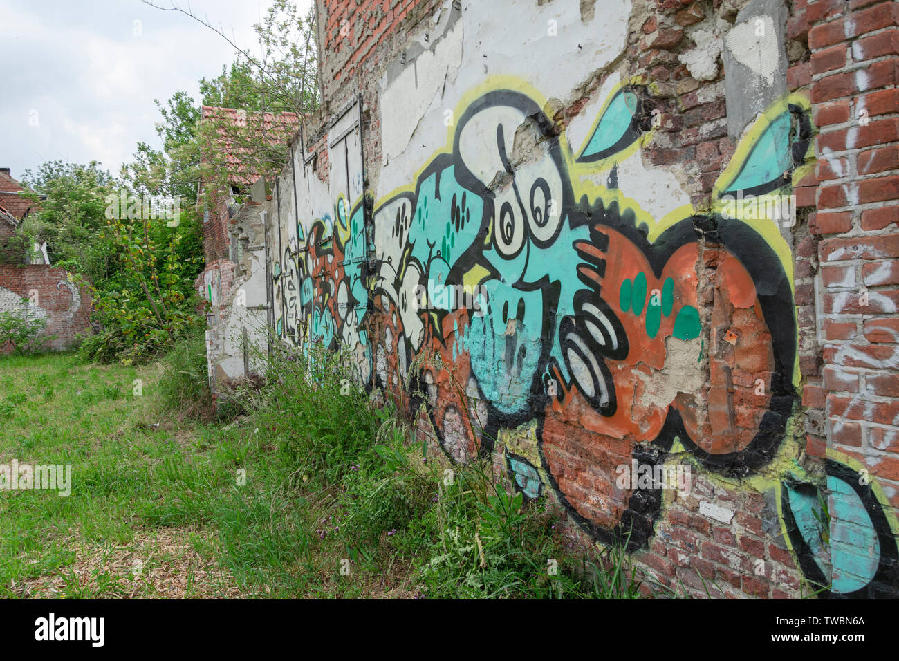 Doel, Belgium 10 June 2019, A wall full of graffiti in an abandoned ...