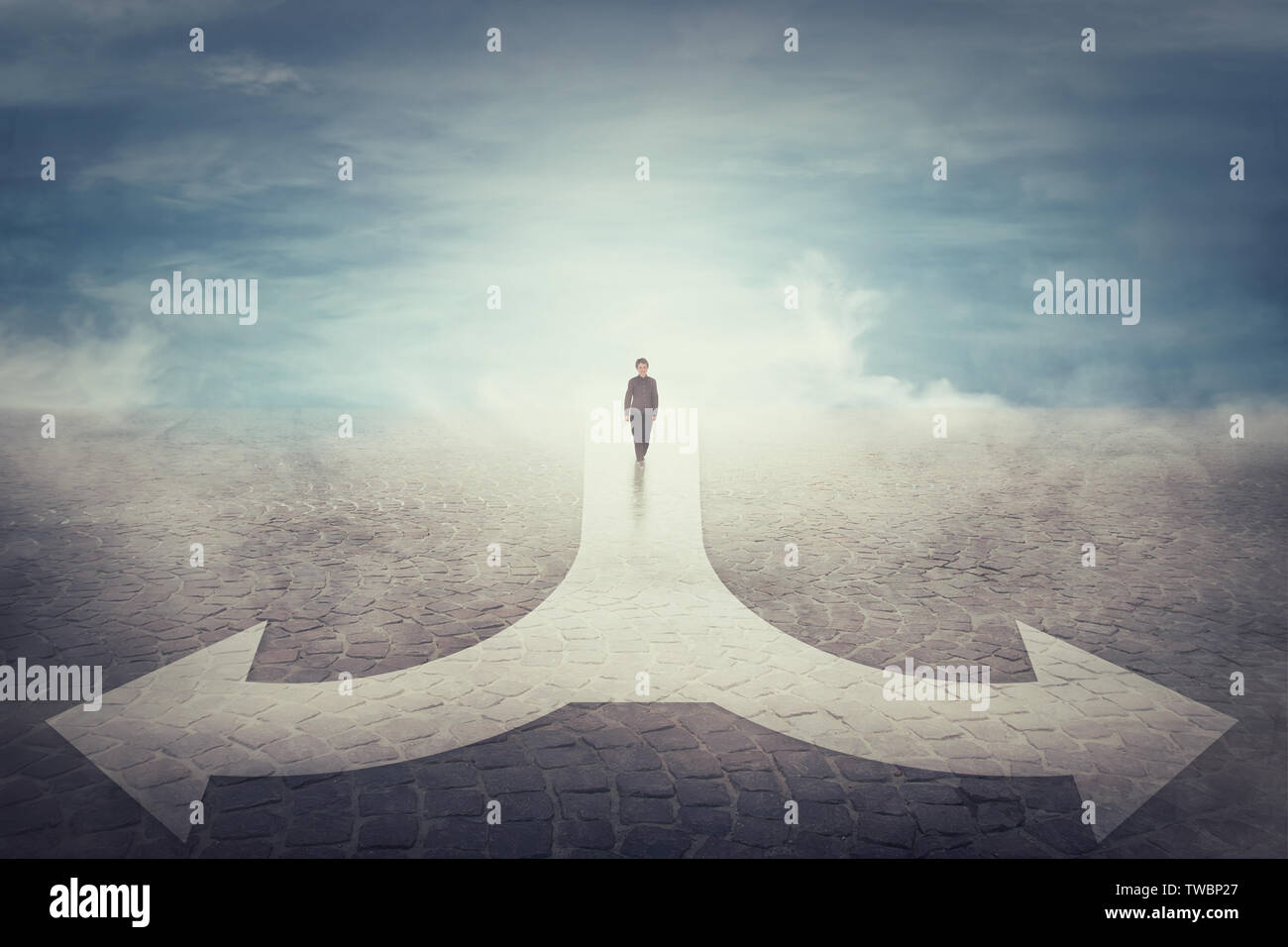 Woman walks in front of a crossroad split in two different ways as ...