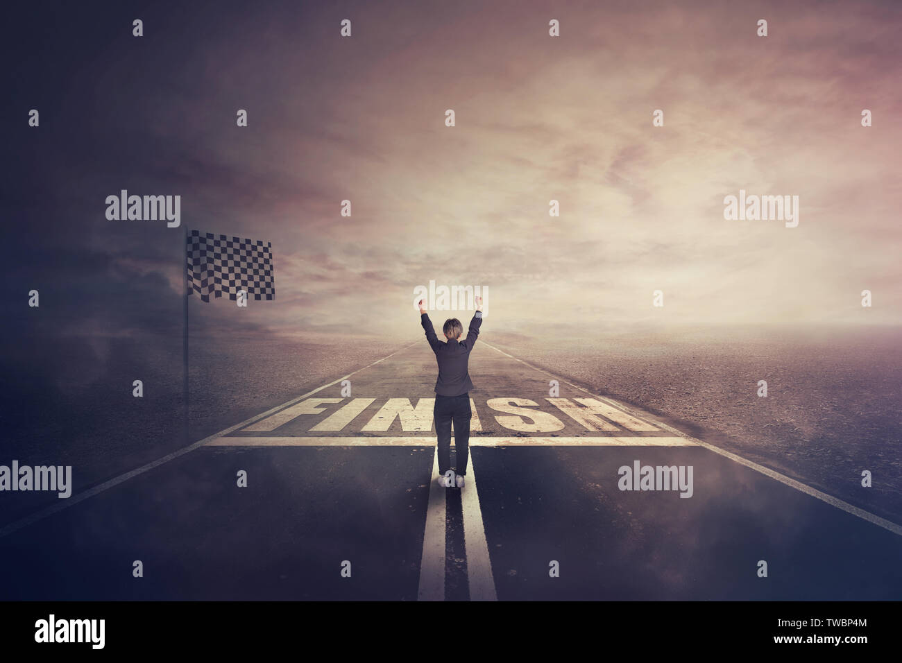 Competitive woman, raising hands up, celebrate on the road as crossing ...