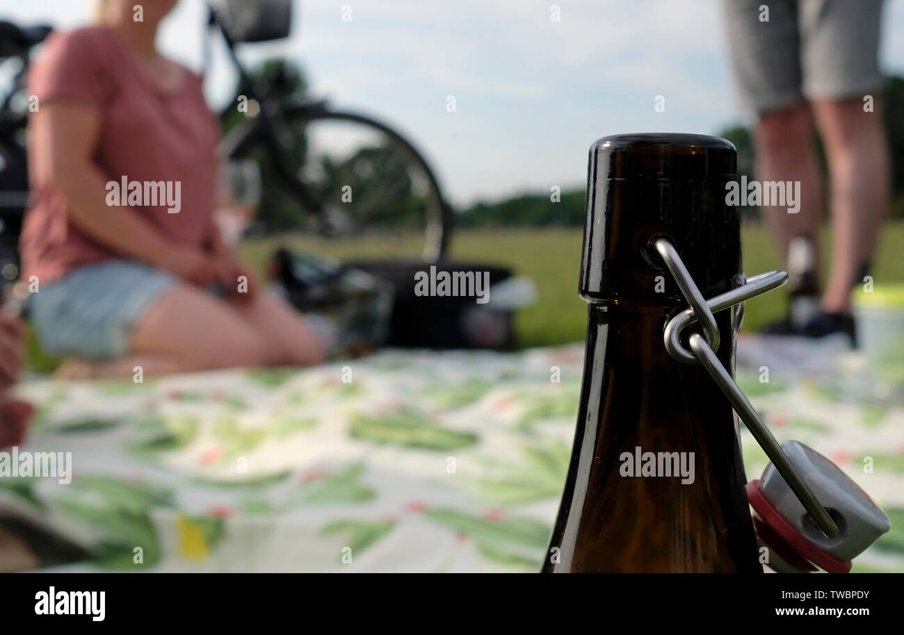 Picnic after a bike tour: Young adults on a picnic blanket with a ...