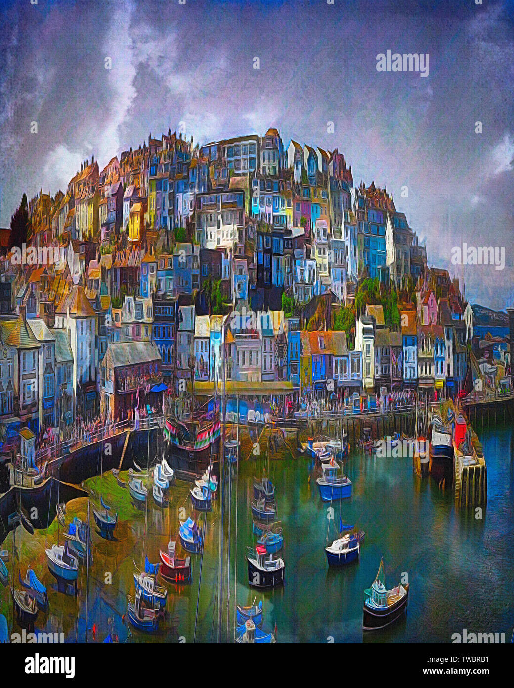 DIGITAL ART: Brixham town and harbour, Devon, Great Britain Stock Photo ...