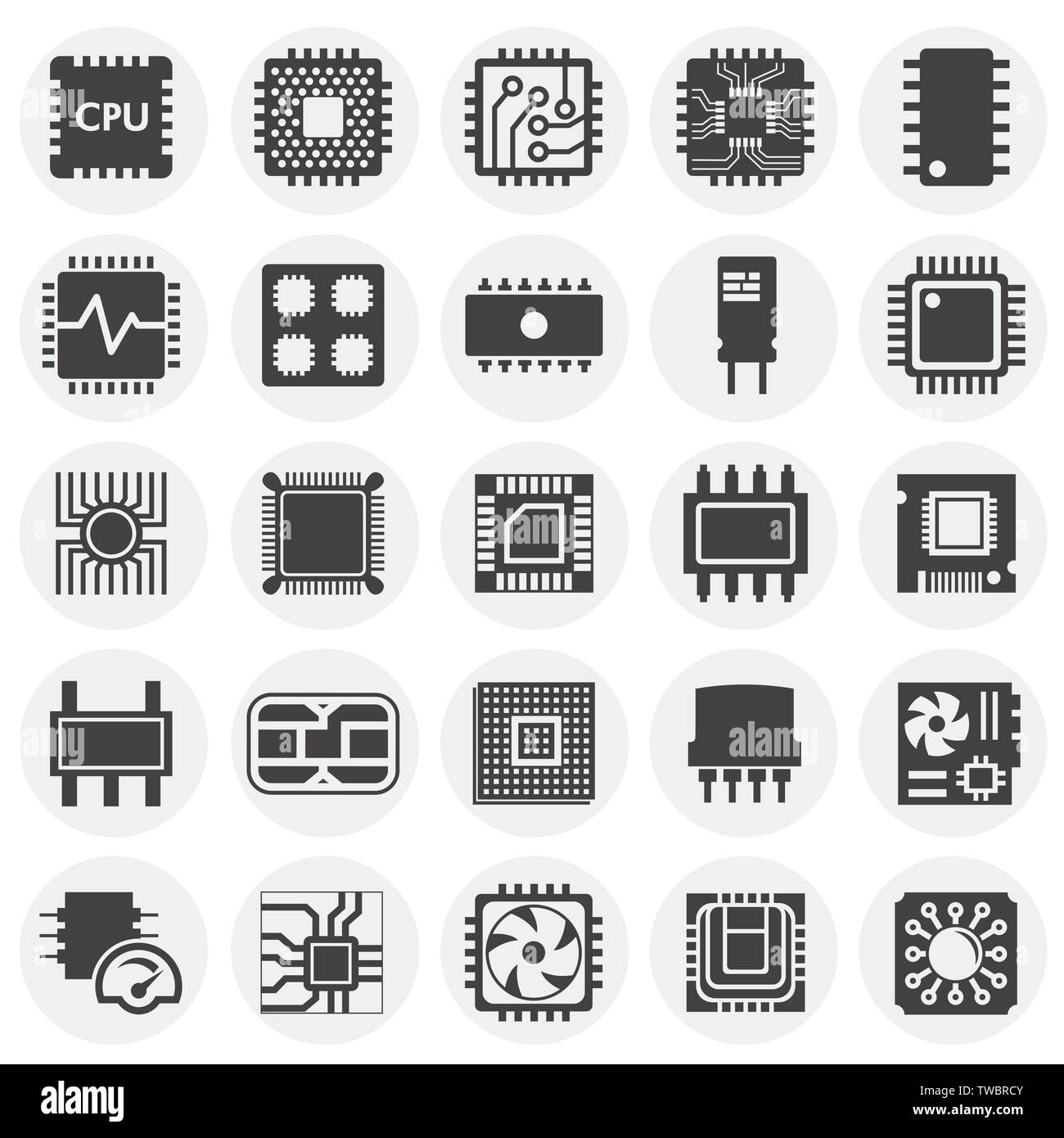 Computer chip related icons set on background for graphic and web ...