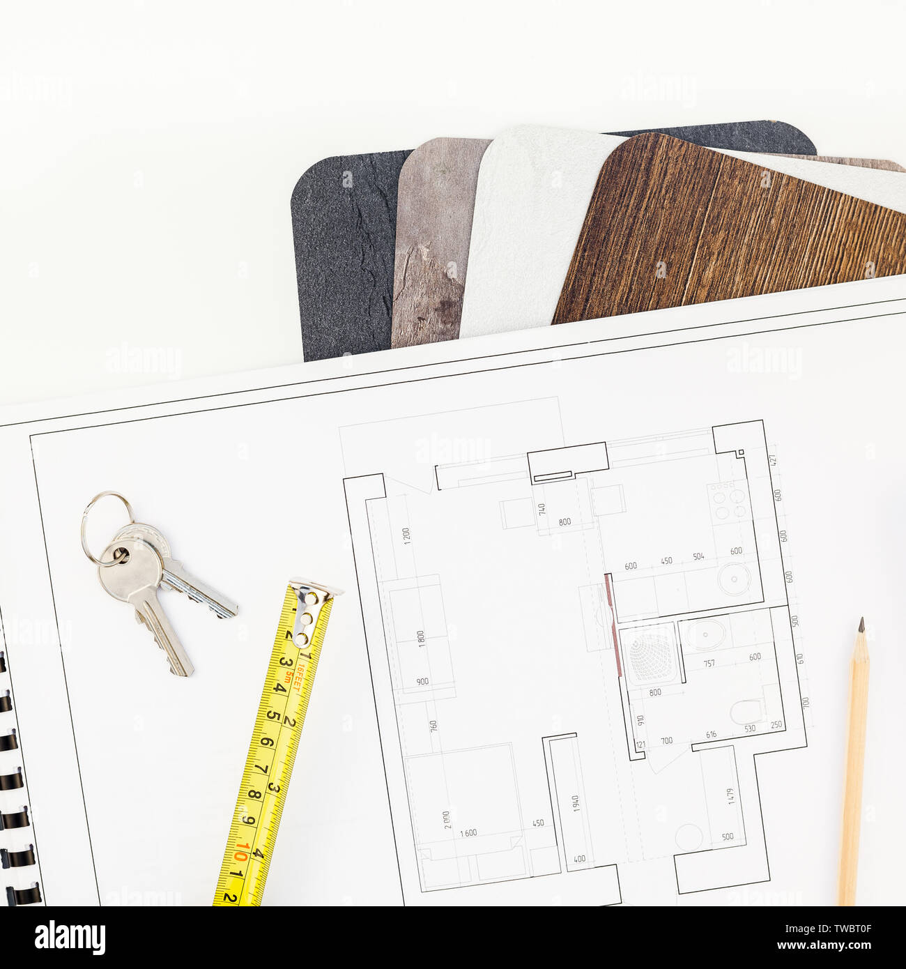 Creative flat lay overhead top view blueprint flat project plan and ...