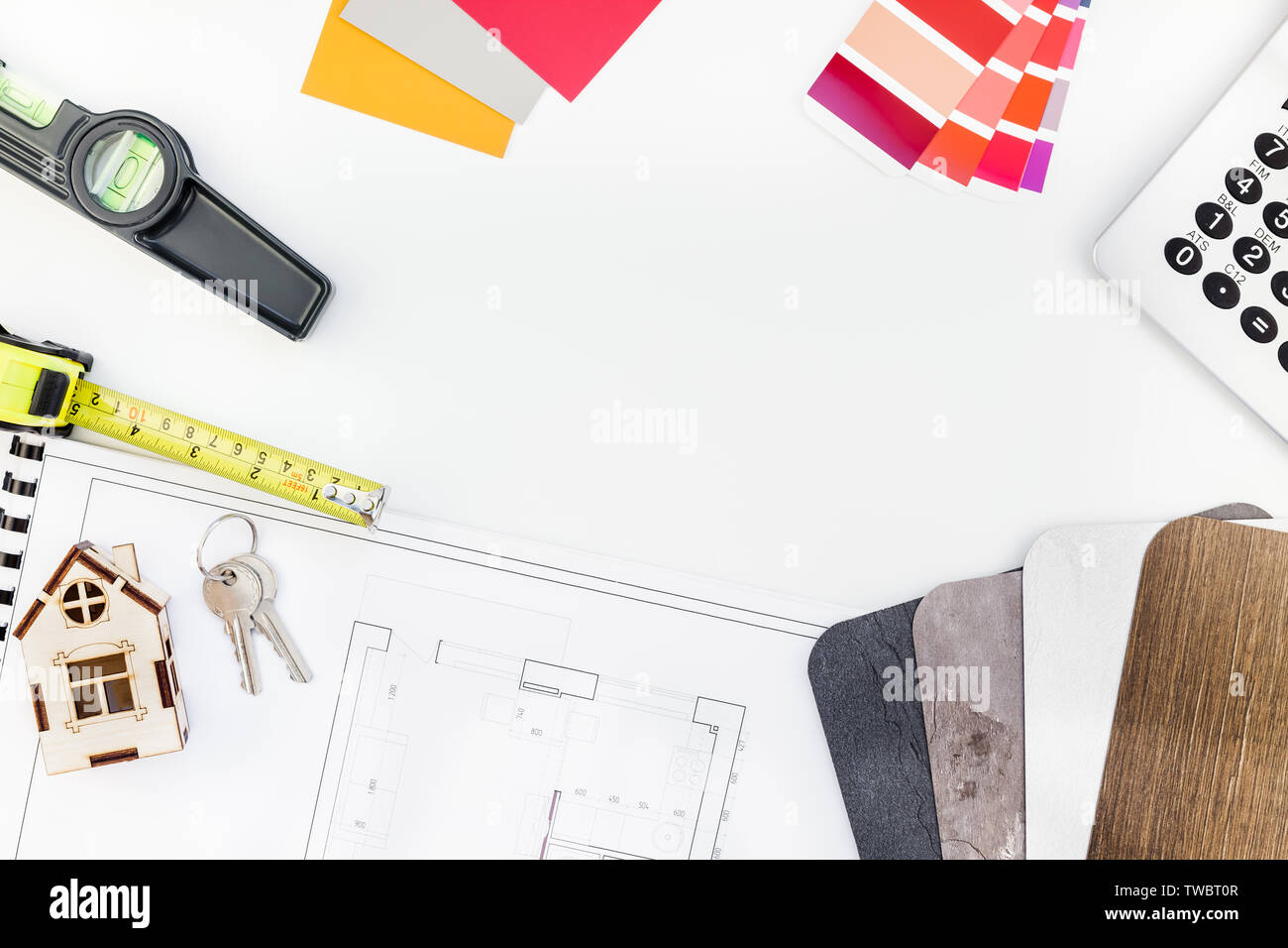 Creative flat lay overhead top view blueprint flat project plan and ...