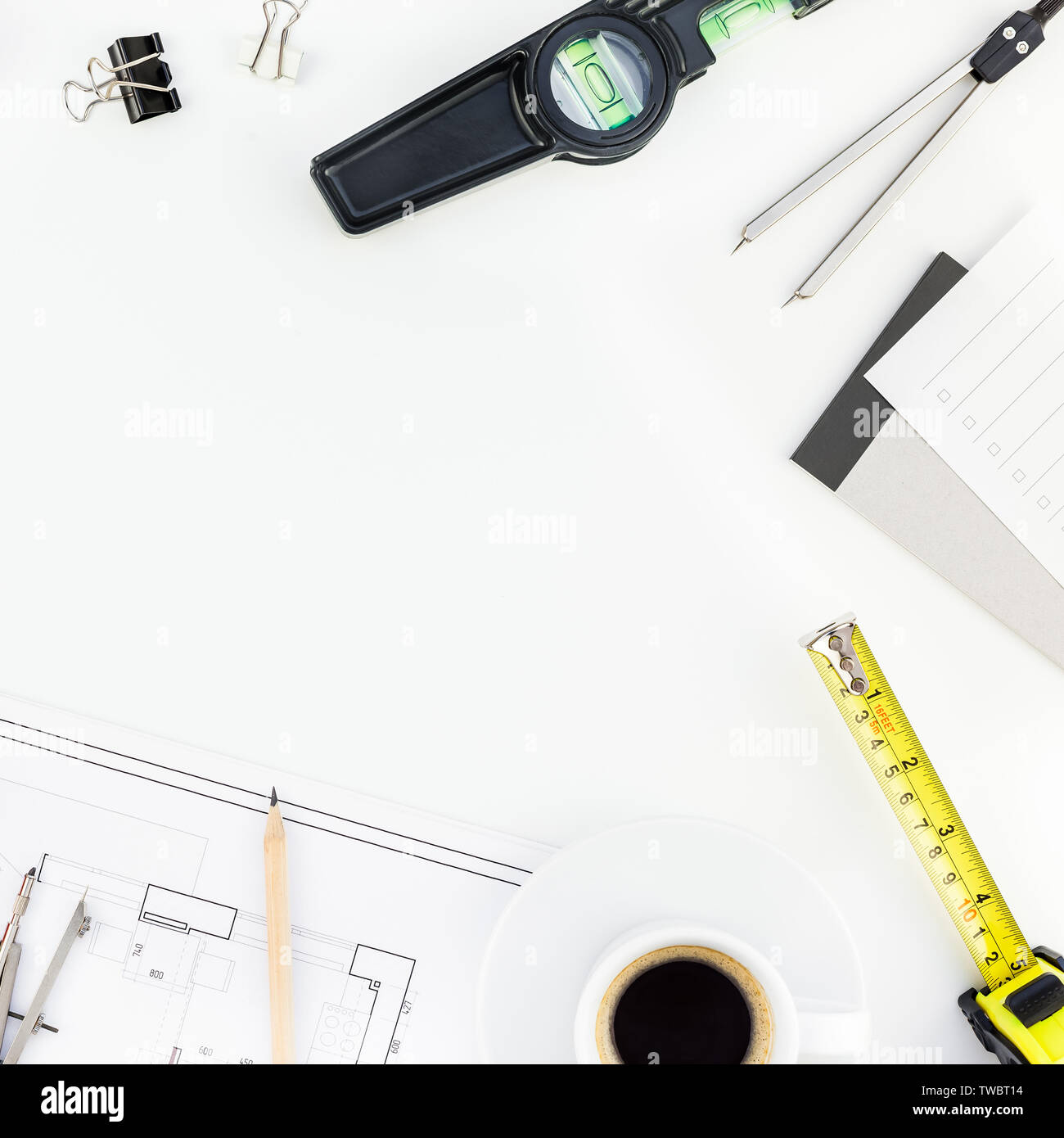 Creative flat lay overhead top view blueprint flat project plan hot ...