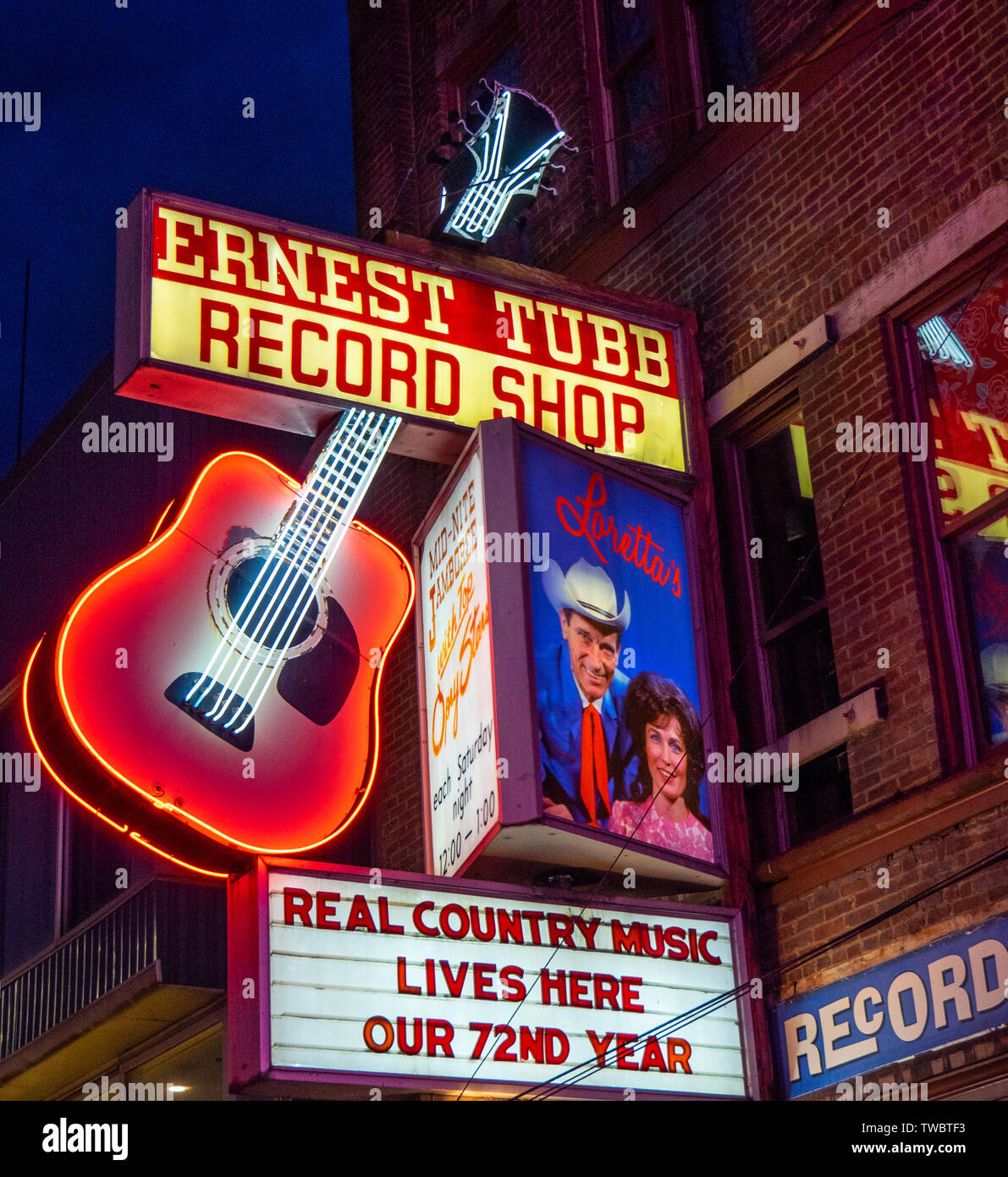 Iconic store Ernest Tubb Record Shop neon sign lit up at night in ...