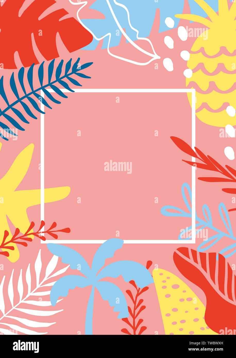 Summer greeting card template with tropical leaves on background and ...