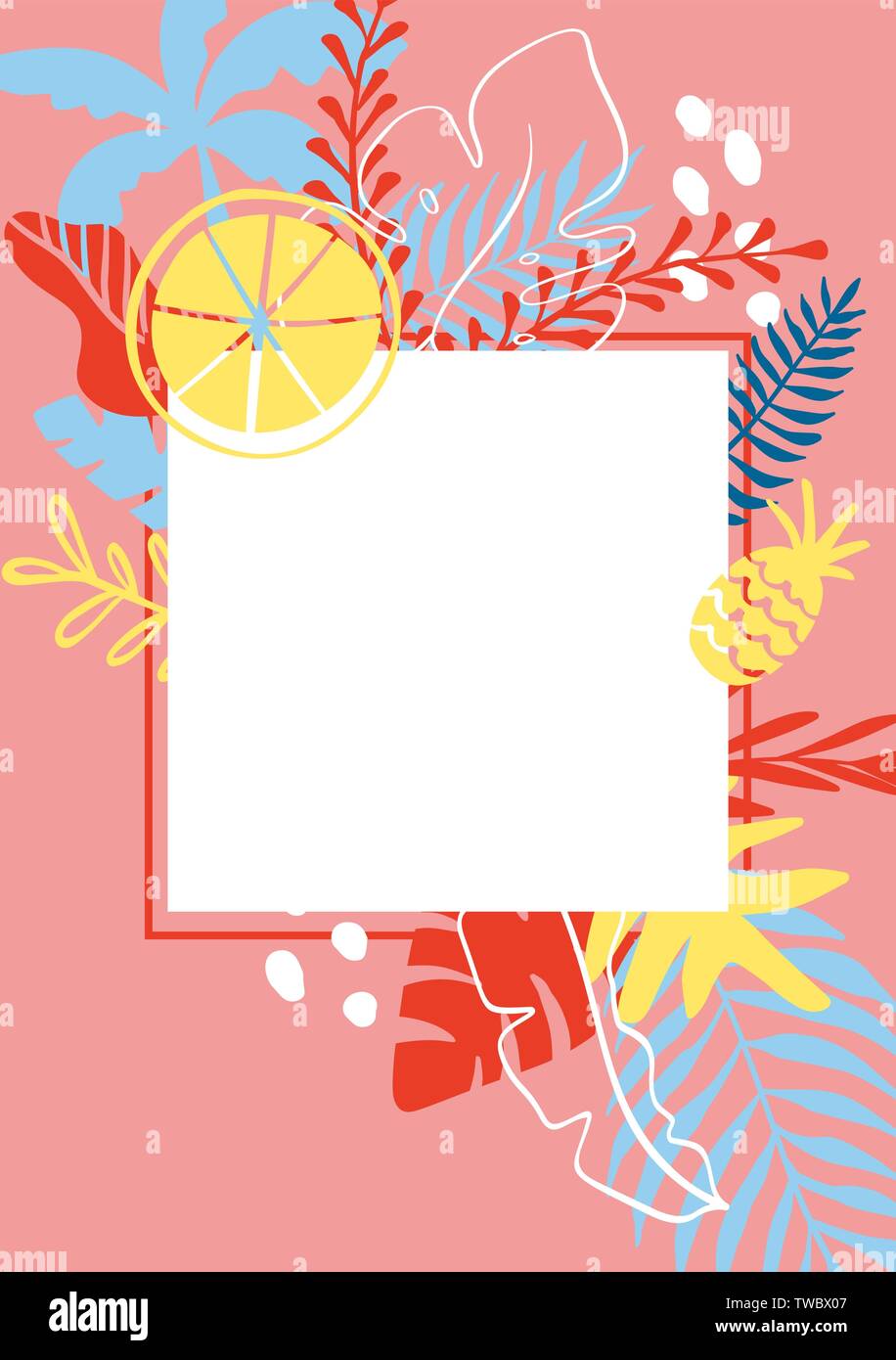 Summer greeting card template with tropical leaves on background and ...