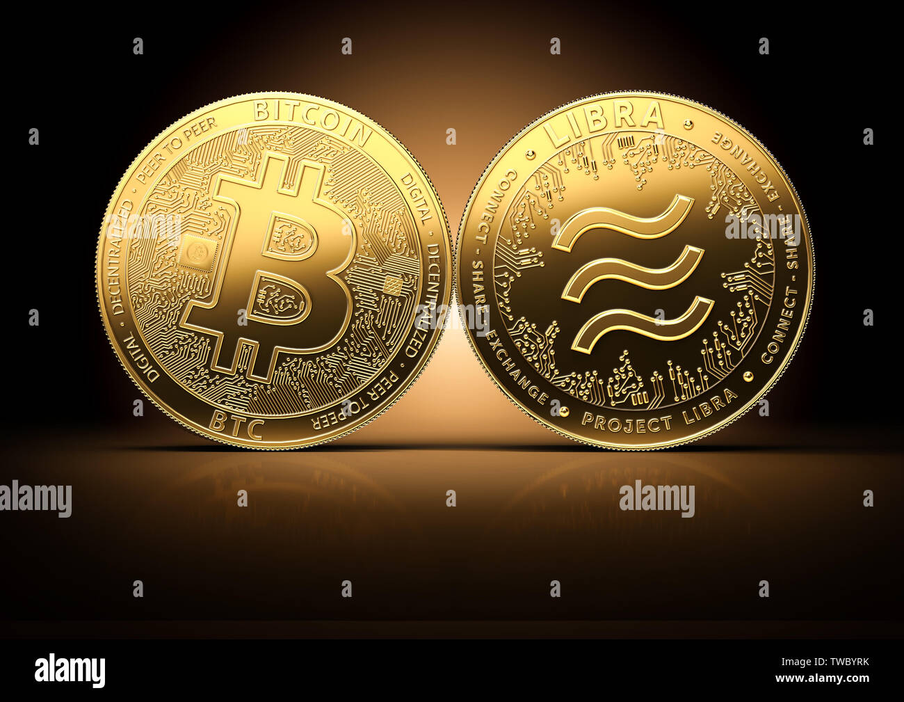 Bitcoin and Libra fights for the leadership on a gently lit dark ...