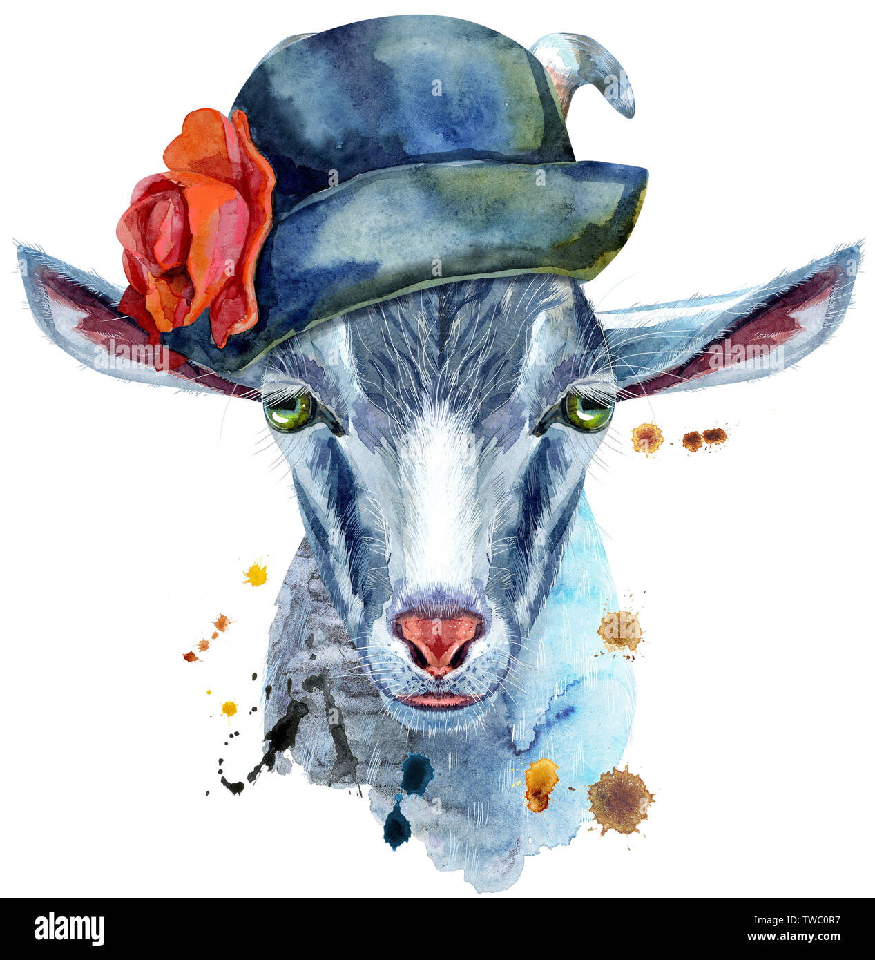 Goat head with gray hat isolated on white background. Goat watercolor ...