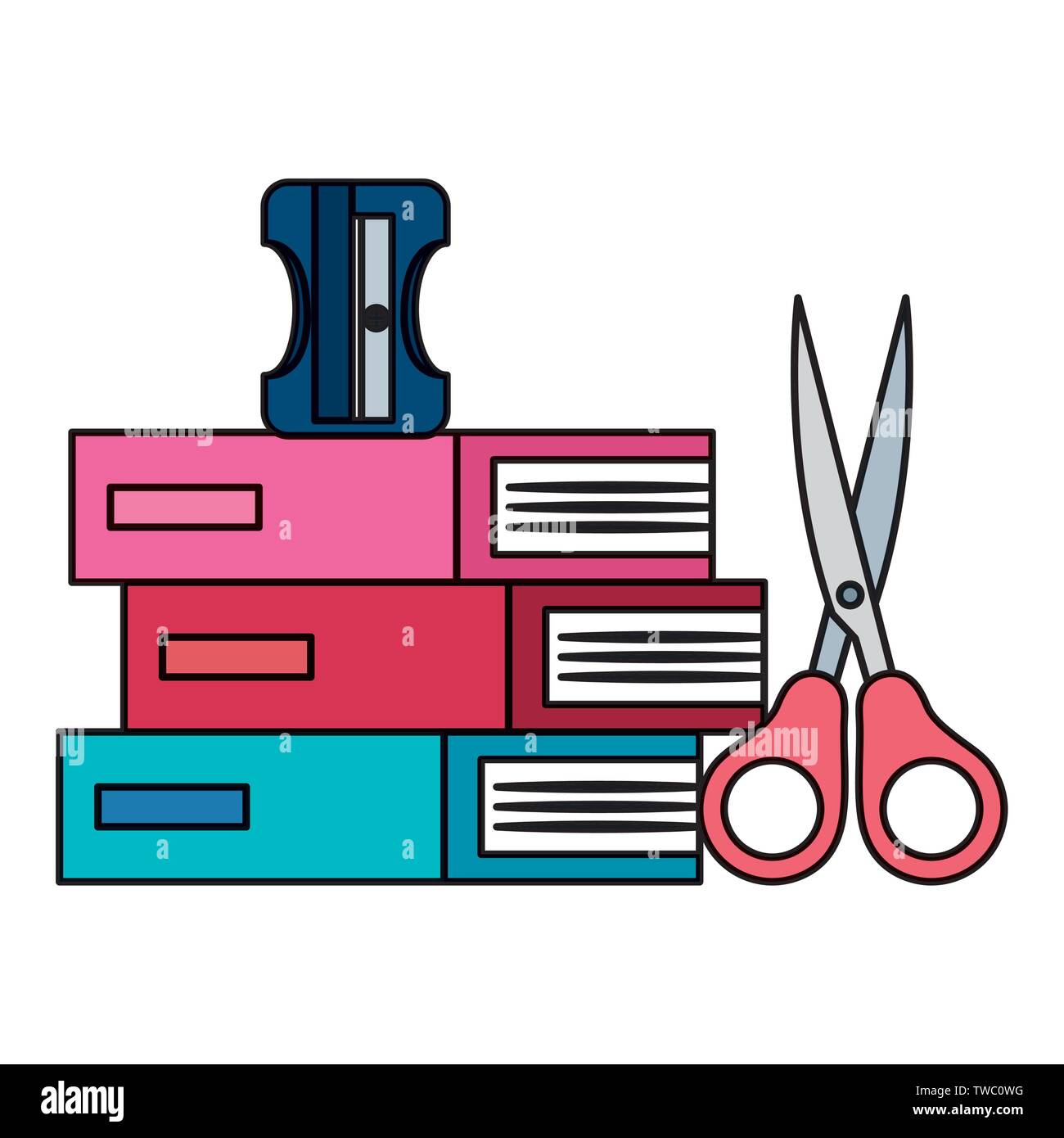 pile textbooks and scissors and sharpener Stock Vector Image & Art - Alamy