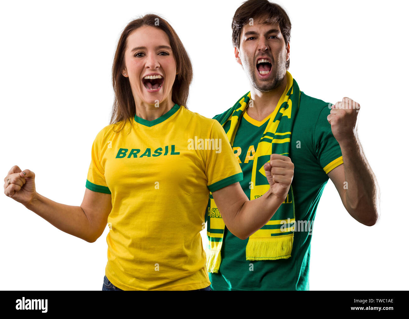 Brazilian couple Celebrating on a white background Stock Photo - Alamy
