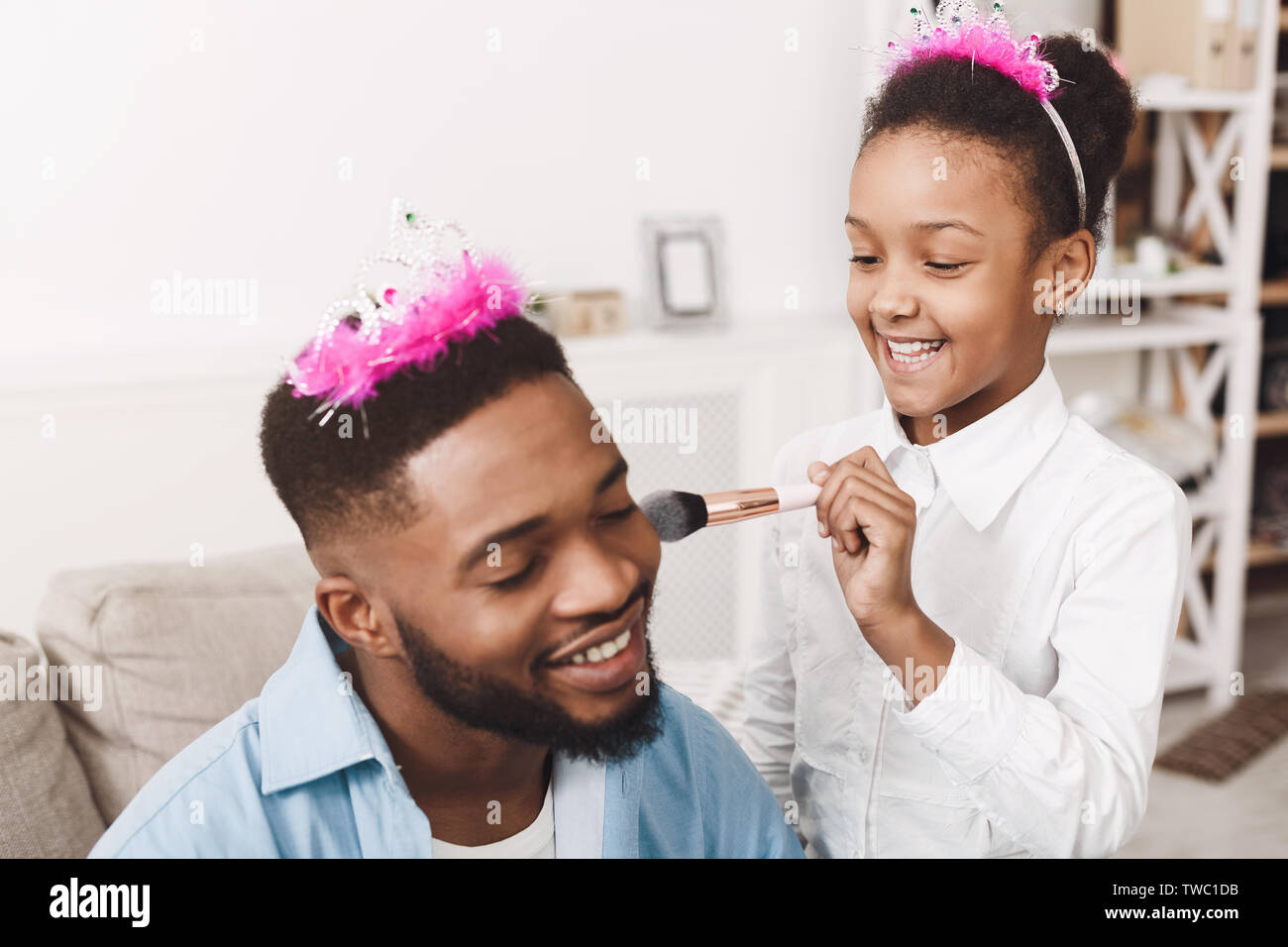 Funny Time! Father And Daughter Playing At Home, Girl Doing Makeup To ...