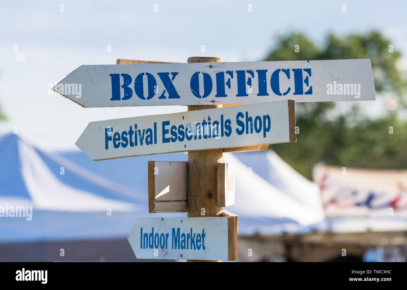 Wooden sign post pointing to different parts of a music festival event ...