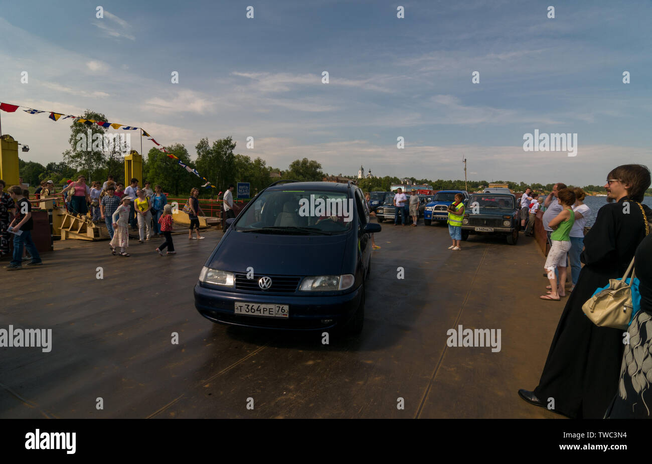 People on a ferry at Volga Stock Photo - Alamy