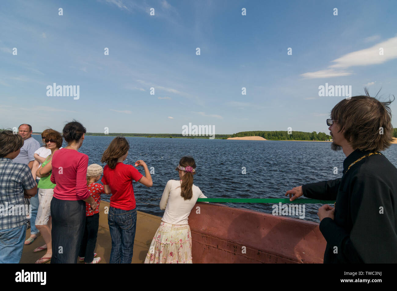 People on a ferry at Volga Stock Photo - Alamy
