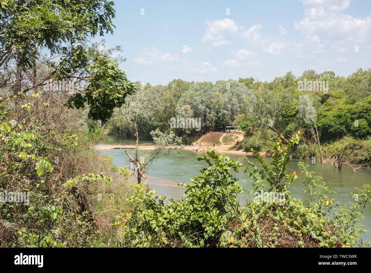 Majestic view over the Daly River with lush bushland in the Northern ...