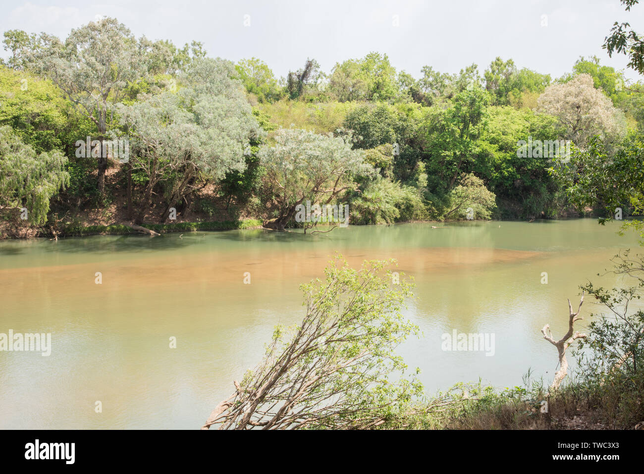 Majestic view over the Daly River with lush bushland in the Northern ...