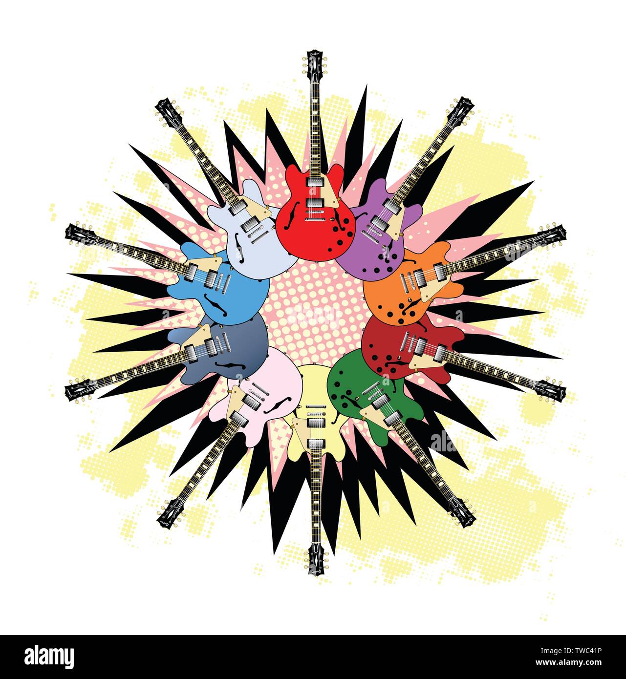 Semi solid electric guitar in a cartoon comic style explosion Stock ...