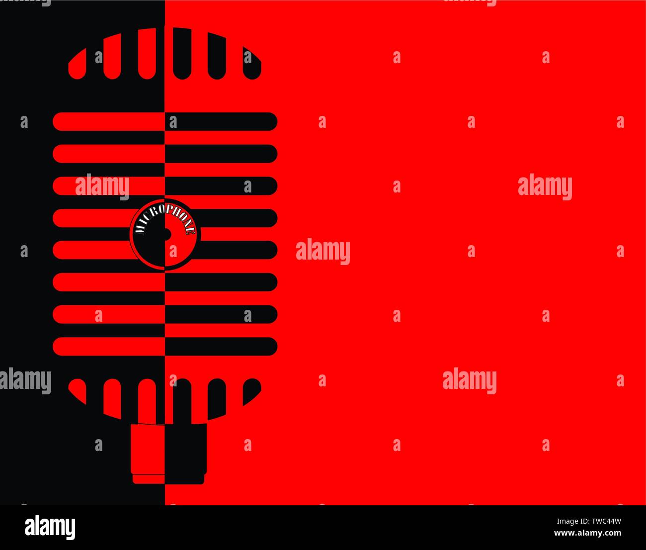 A classic old style microphone in red and black isolated on a red and ...