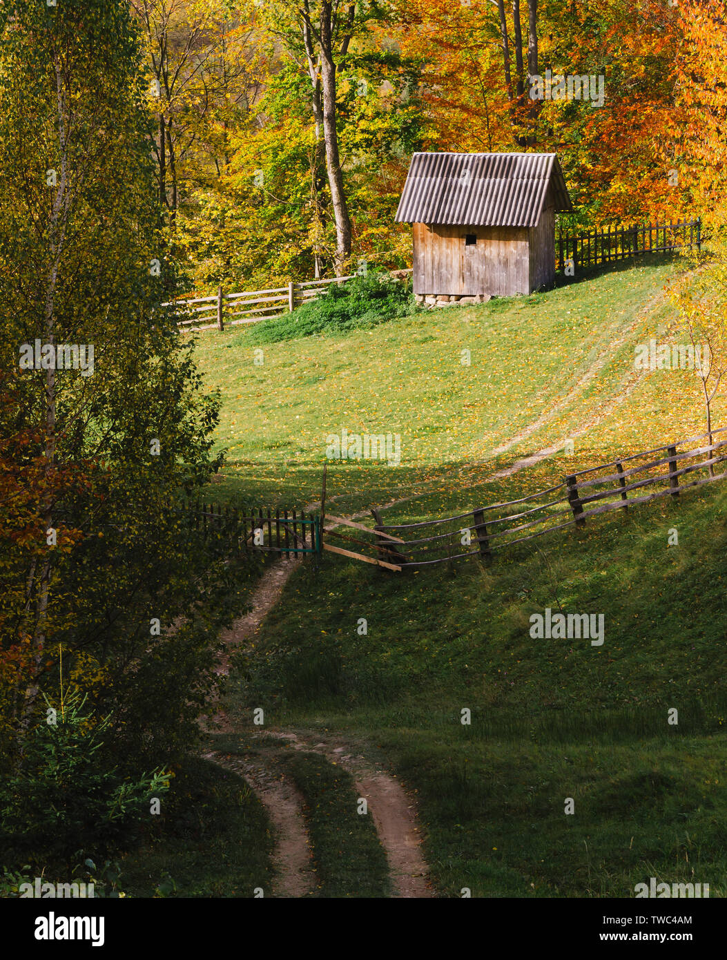 Autumn landscape. Wooden barn in the mountain village Stock Photo - Alamy