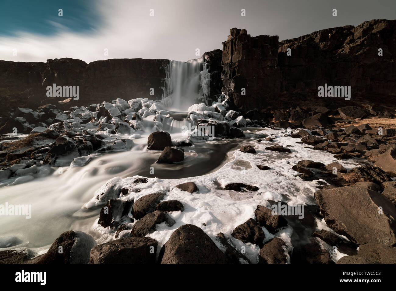 Oxarafoss Waterfall is part of the Golden Circle at the Thingvellir ...