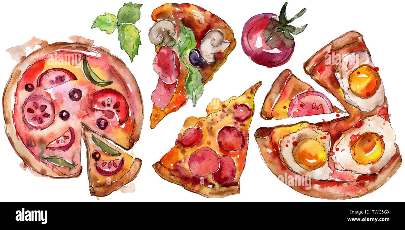 Fast food itallian pizza tasty food. Watercolor background illustration ...