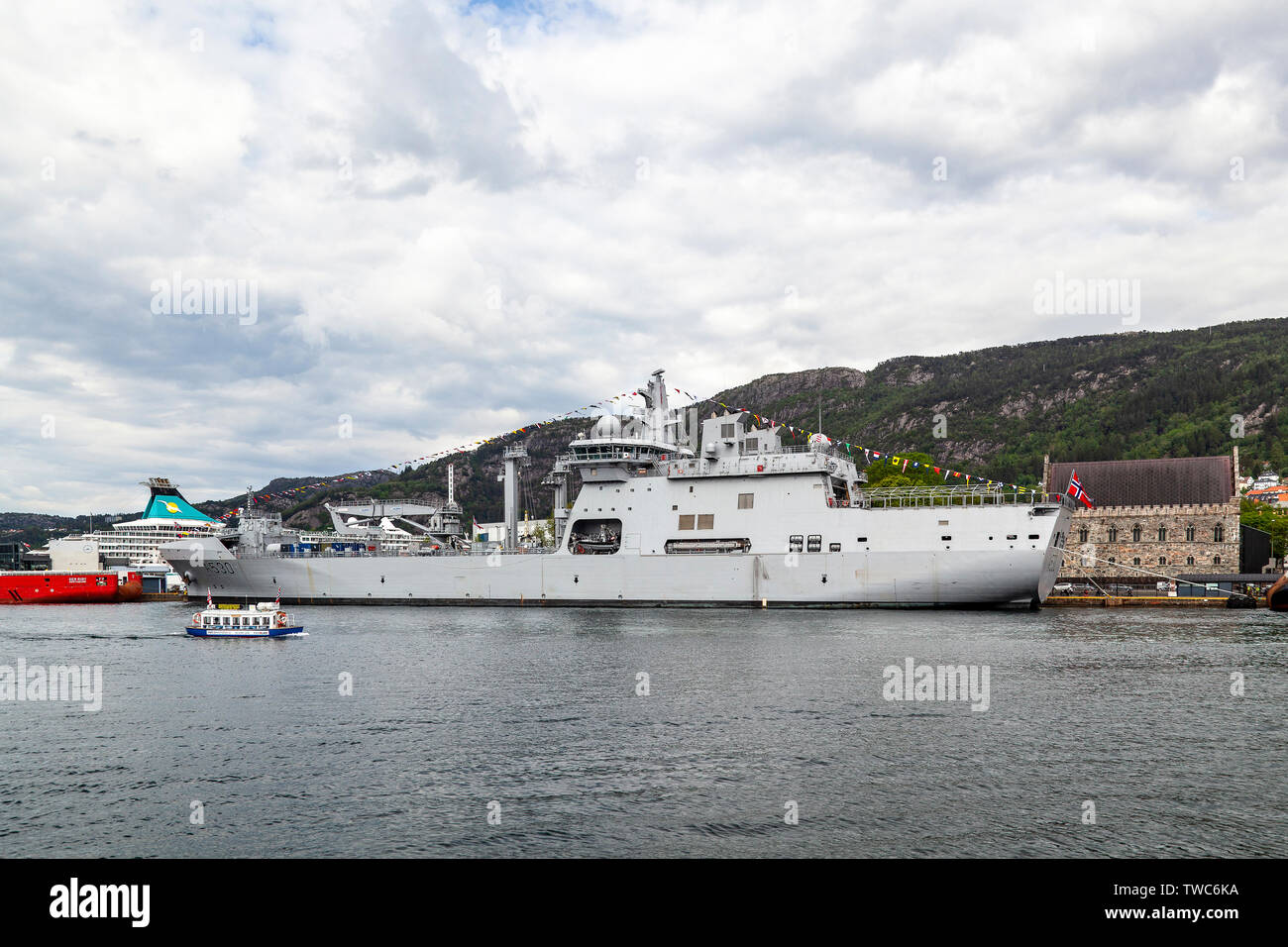 Navy replenishment vessel HNOMS Maud at Festningskaien quay, in the ...
