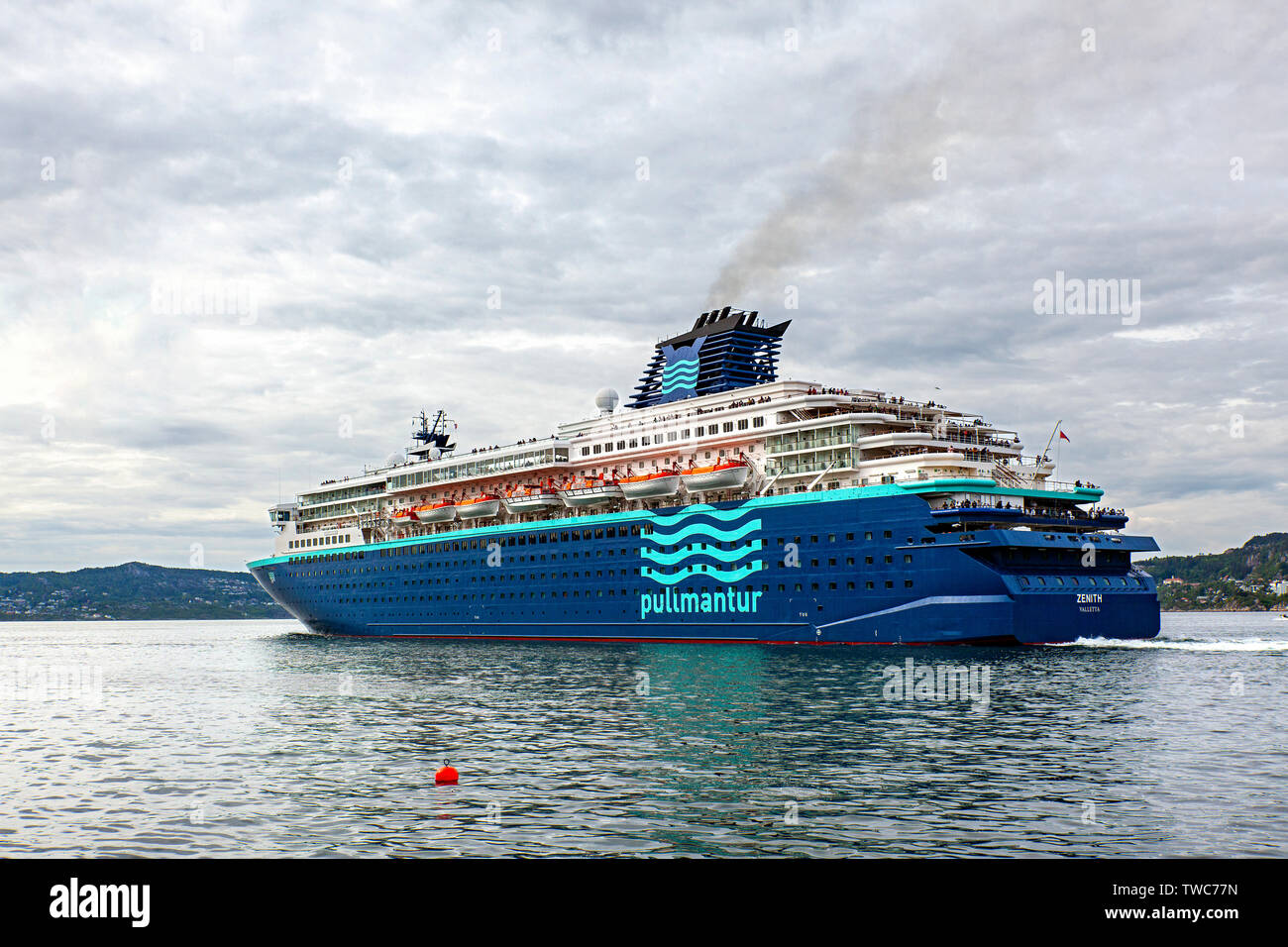 Cruise ship Zenith (built 1992) departing from port of Bergen, Norway ...