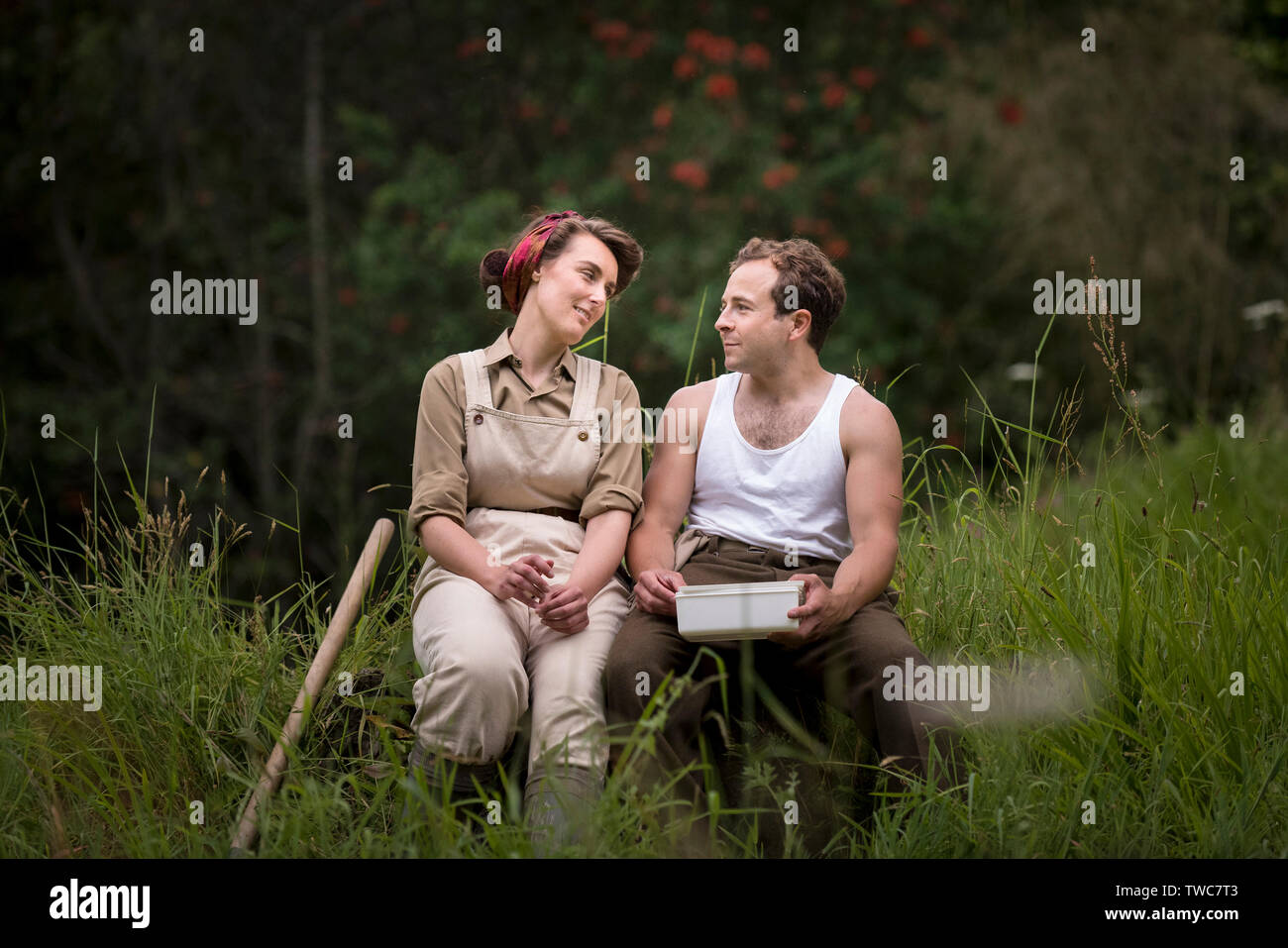 Actors Emily Faulkner and Oliver Longstaff performing in a scene from ...