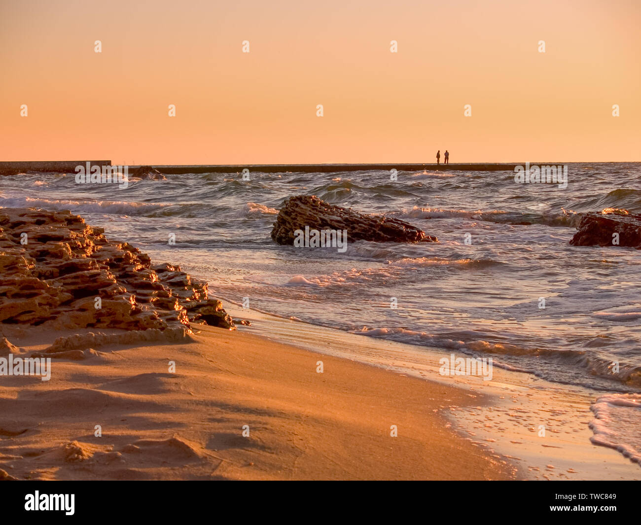 Black Sea landscape with a view of the surf in the rays of golden light ...