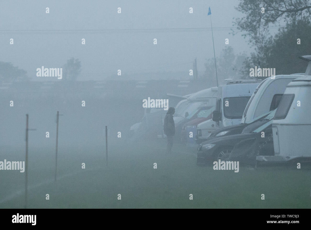 Later evening mist descends onto a motorhome and cavavan site Stock ...