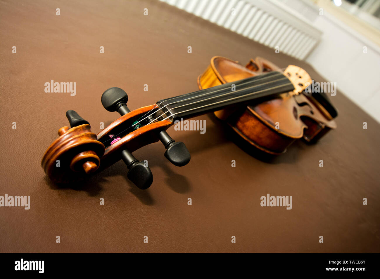 Violin musical instrument detail showing bridge and strings Stock Photo ...