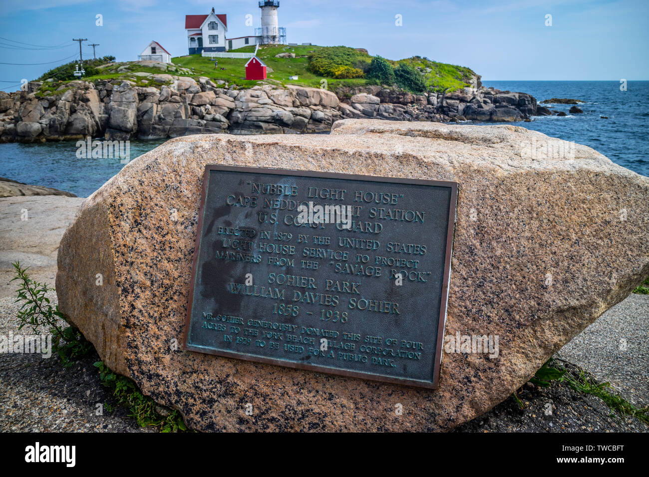 York, ME, USA - August 25, 2018: The Nubble Light stone marker Stock ...