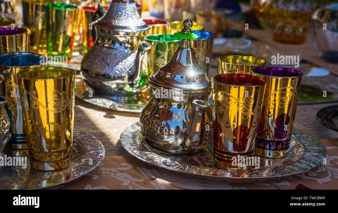 Moroccan tea set at a medieval fair in Spain Stock Photo - Alamy