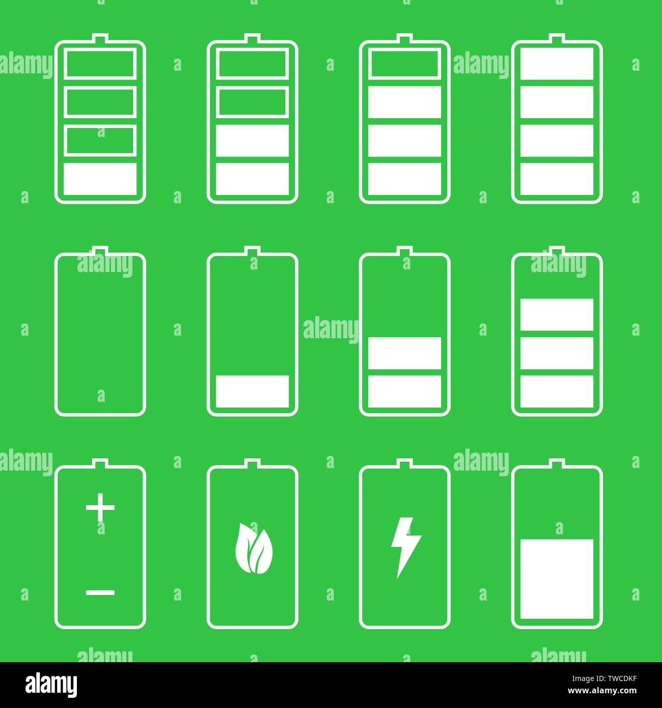 Battery icon set, green energy level signs Vector illustration Stock ...