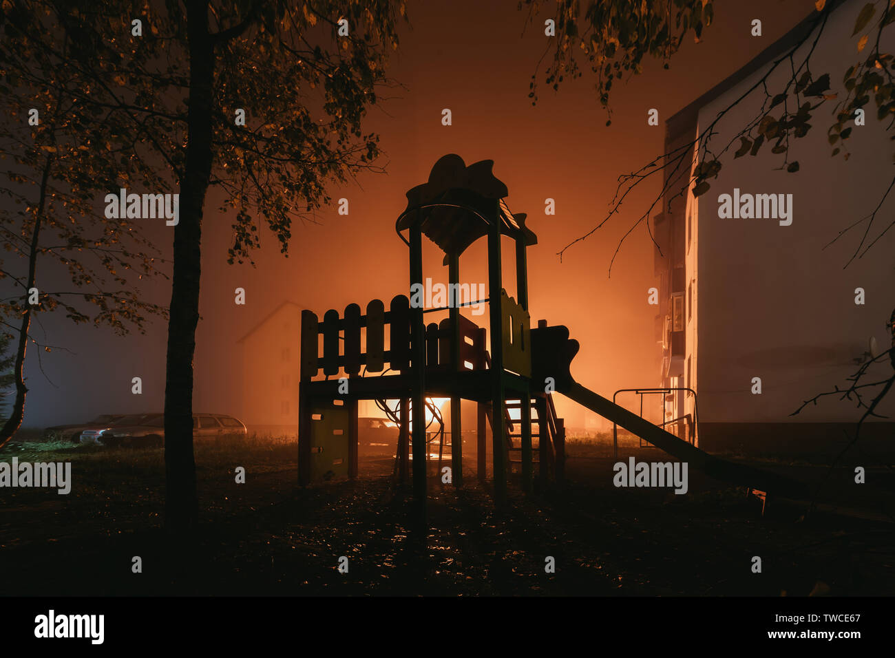 without people playground terrible foggy night. horizontal shot Stock ...