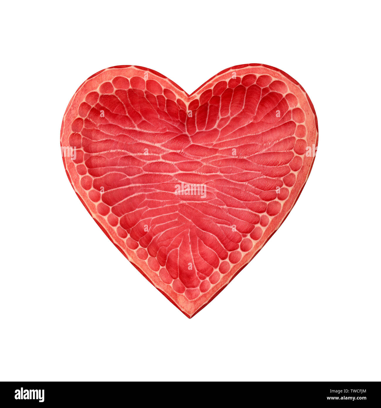 Close up one vivid red painted natural wooden carved heart shaped empty ...