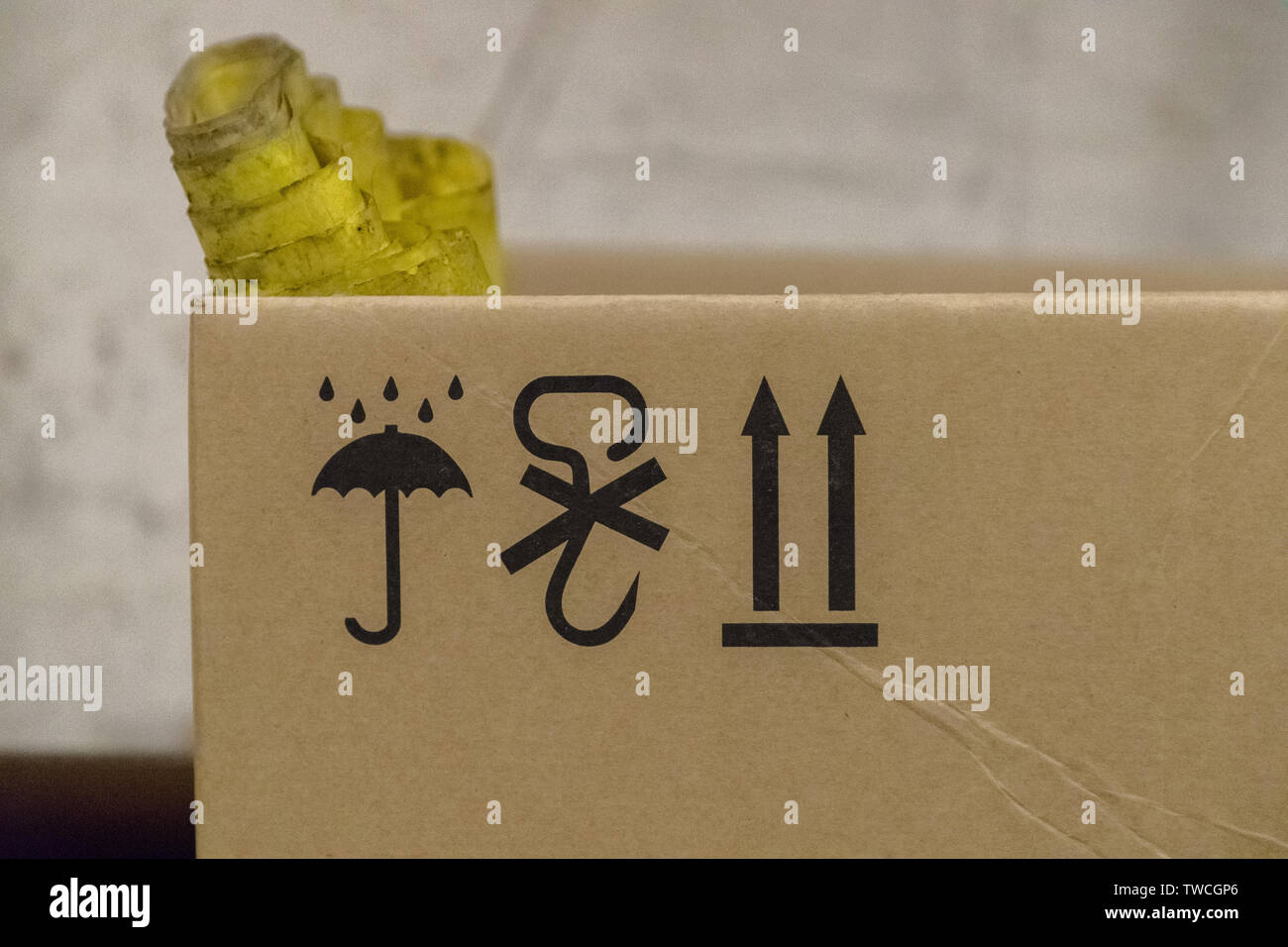 Information signs on the carton Stock Photo - Alamy