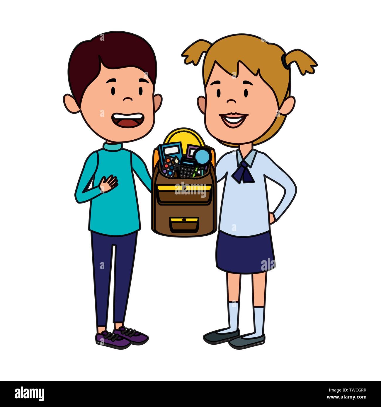 happy little students couple with schoolbag Stock Vector Image & Art ...
