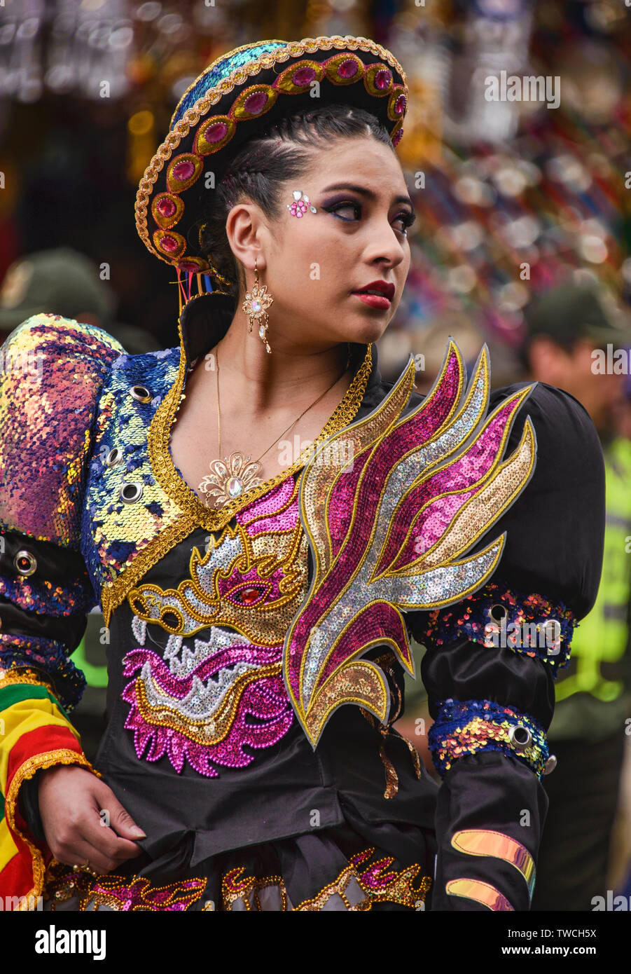 Costumed dancer at the colorful Gran Poder Festival, La Paz, Bolivia ...