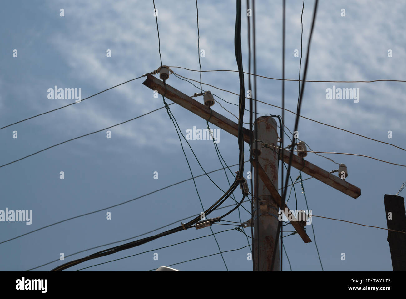 electric guiding support against the blue sky Stock Photo - Alamy