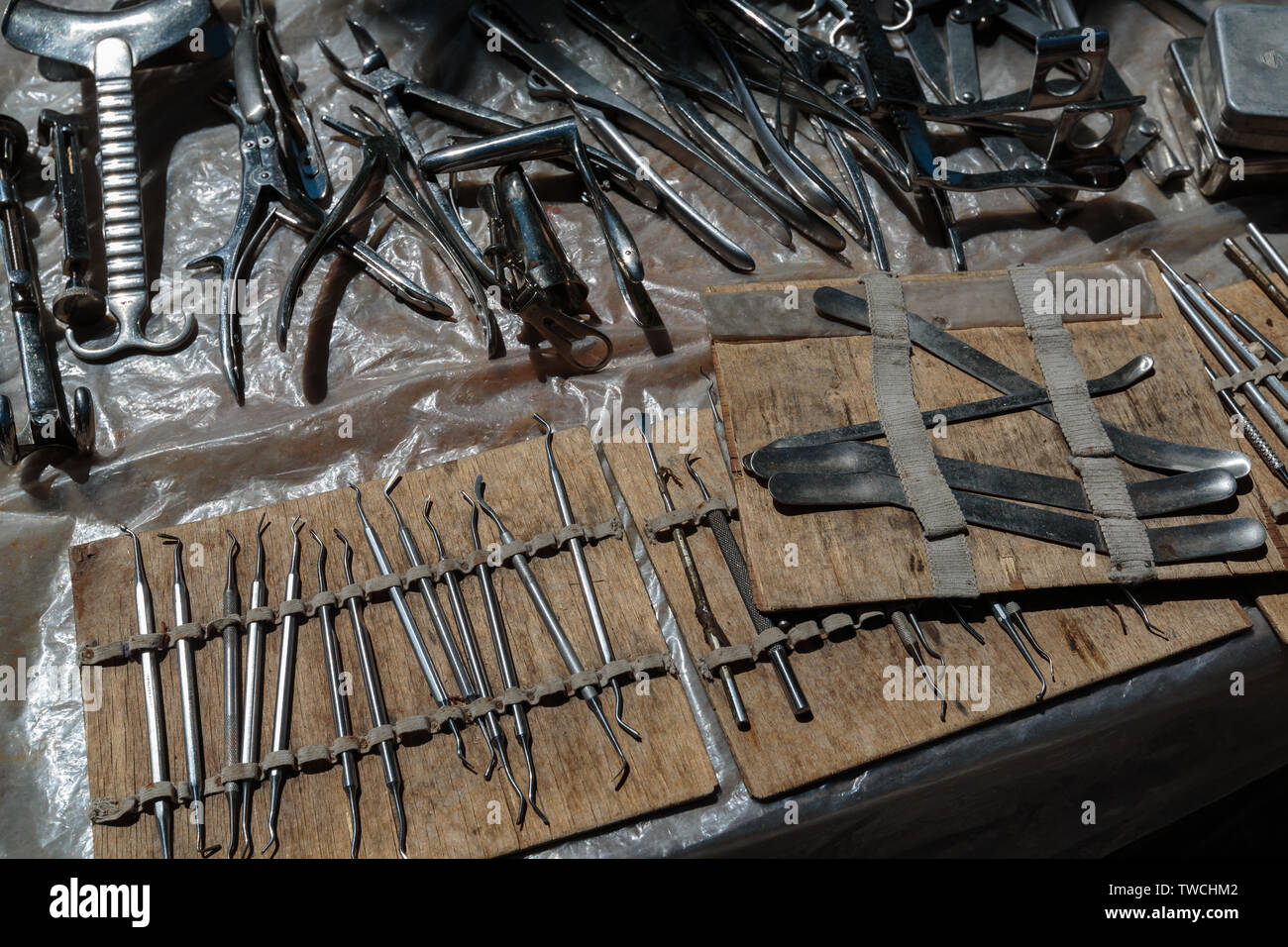 old collection tools and accessories in the open air Stock Photo - Alamy
