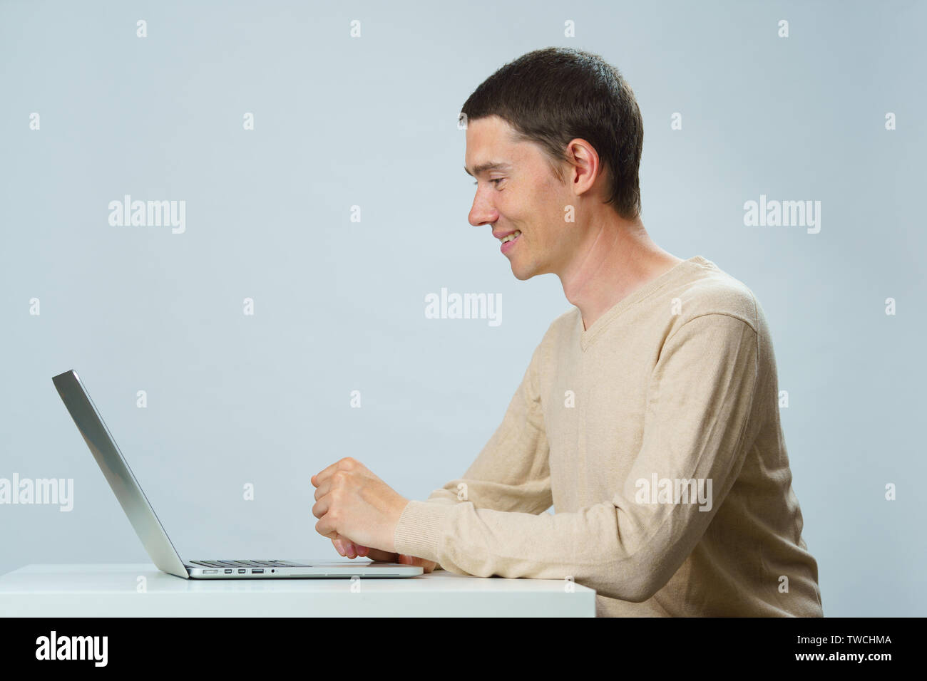 Man is using laptop for communication in chat or video chat. Social ...