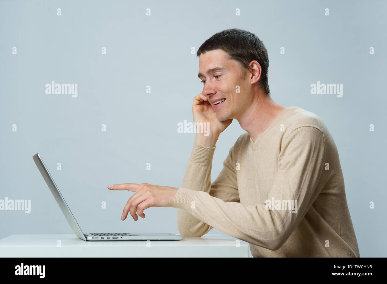 Man is using laptop for communication in chat or video chat. Social ...