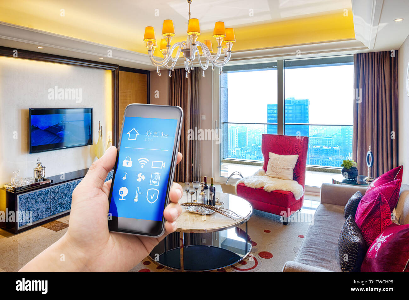 smart phone with smart home with modern living room Stock Photo - Alamy